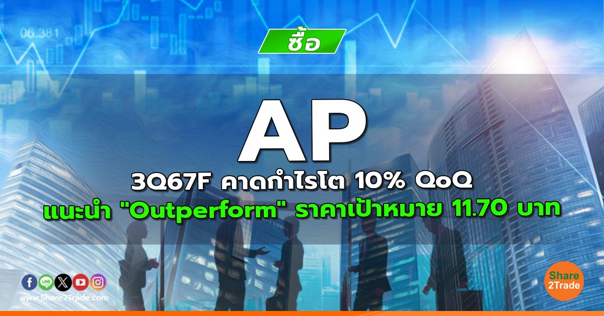 AP 3Q67F คาดกำไรโต 10% QoQ แนะนำ "Outperform" ราคาเป้าหมาย 11.70 บาท | Share2Trade